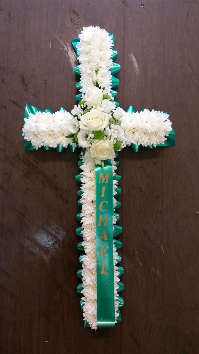 Cross with NAME on Ribbon | Showers of Flowers